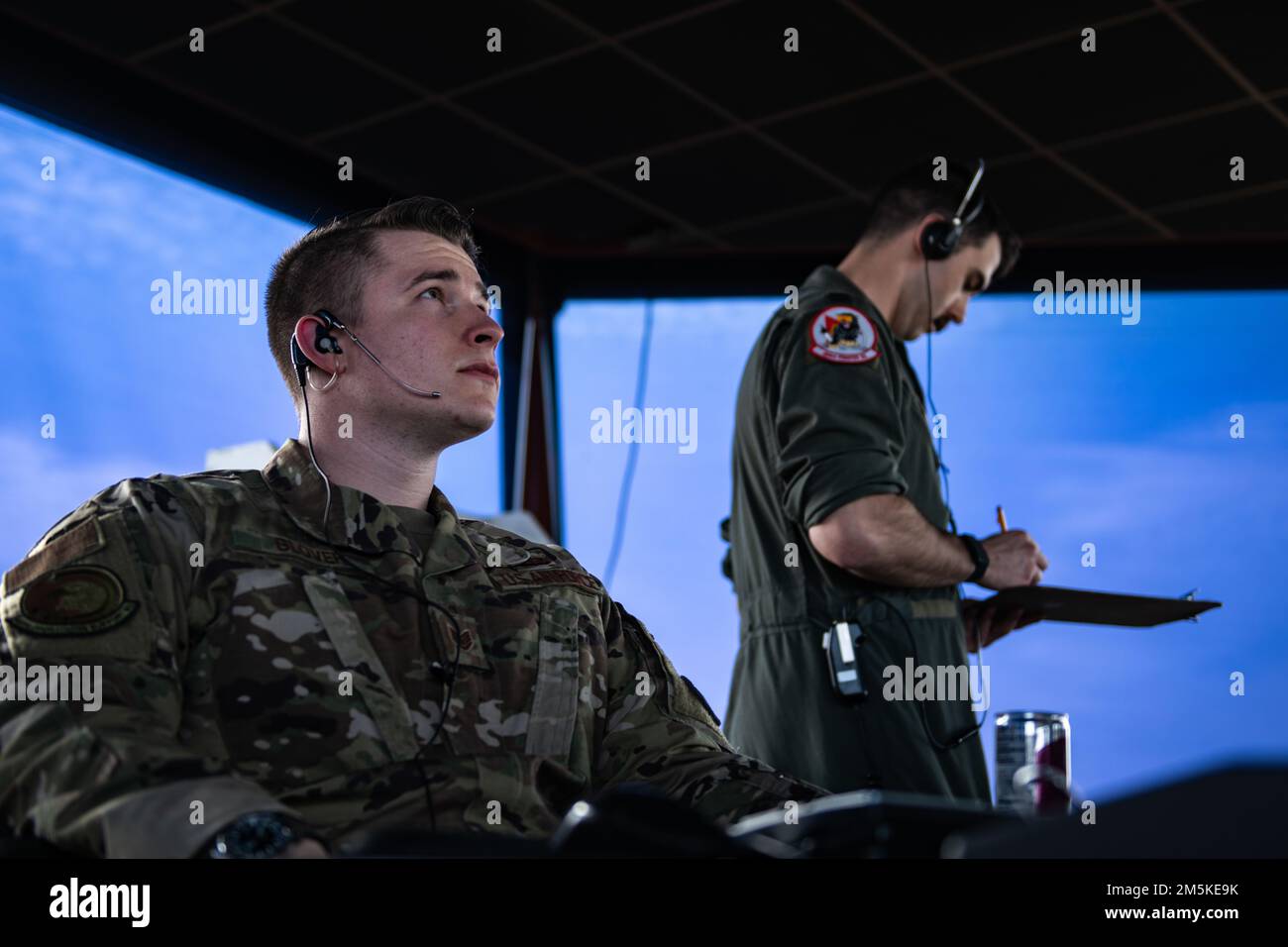 U.S. Air Force Staff Sgt. Christian Glover, an air traffic control watch supervisor assigned to ...