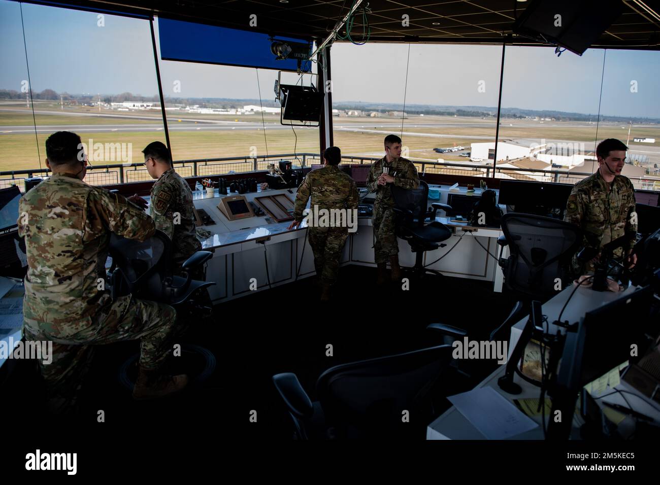 U.S. Air Force air traffic controllers assigned to the 48th Operations Support Squadron ensure ...