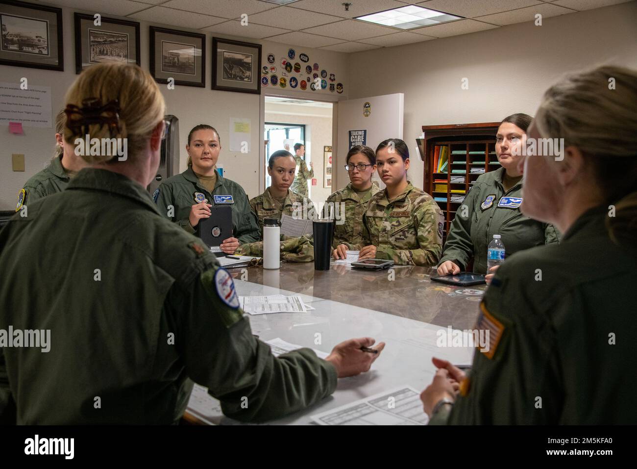 U.S. Air Force aircrew attend a pre-flight briefing at Travis Air Force ...