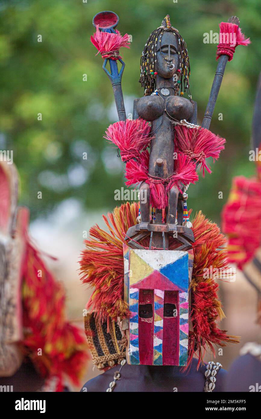 People with traditional masks dancing in Dogon tribe part of Mali Stock ...