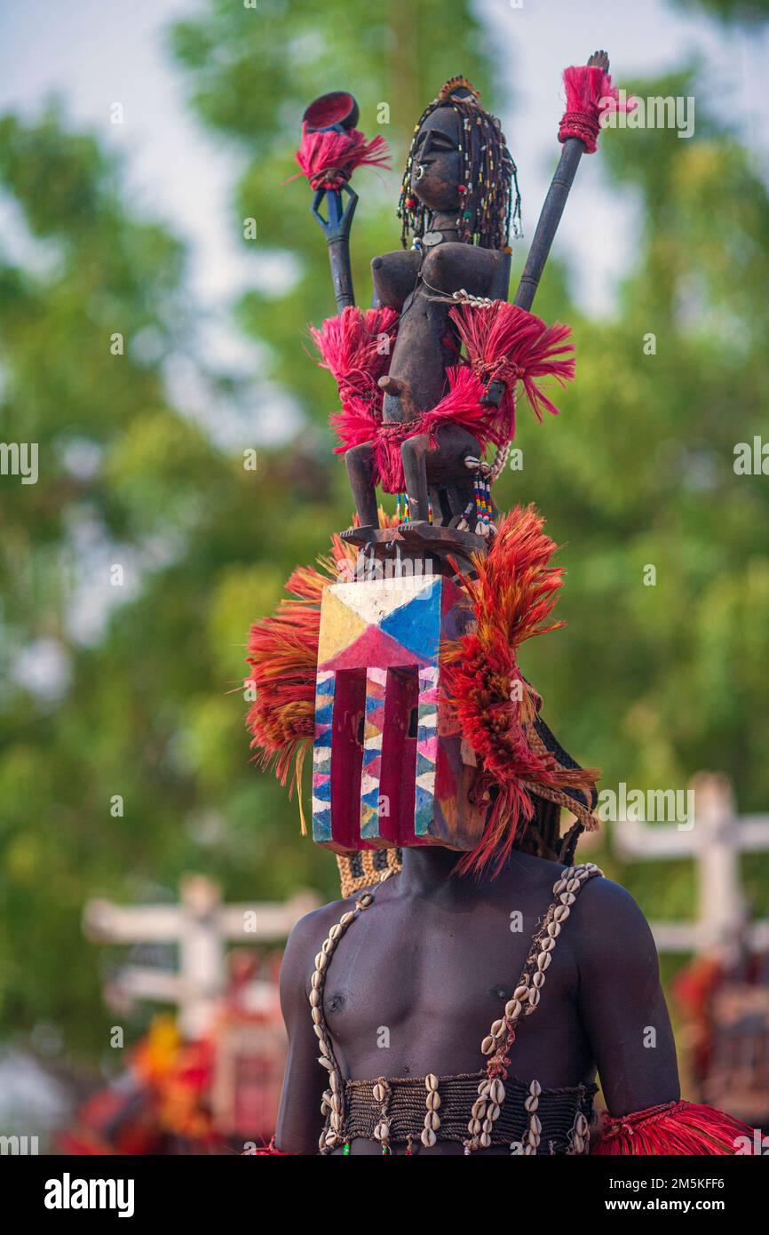 People with traditional masks dancing in Dogon tribe part of Mali Stock ...