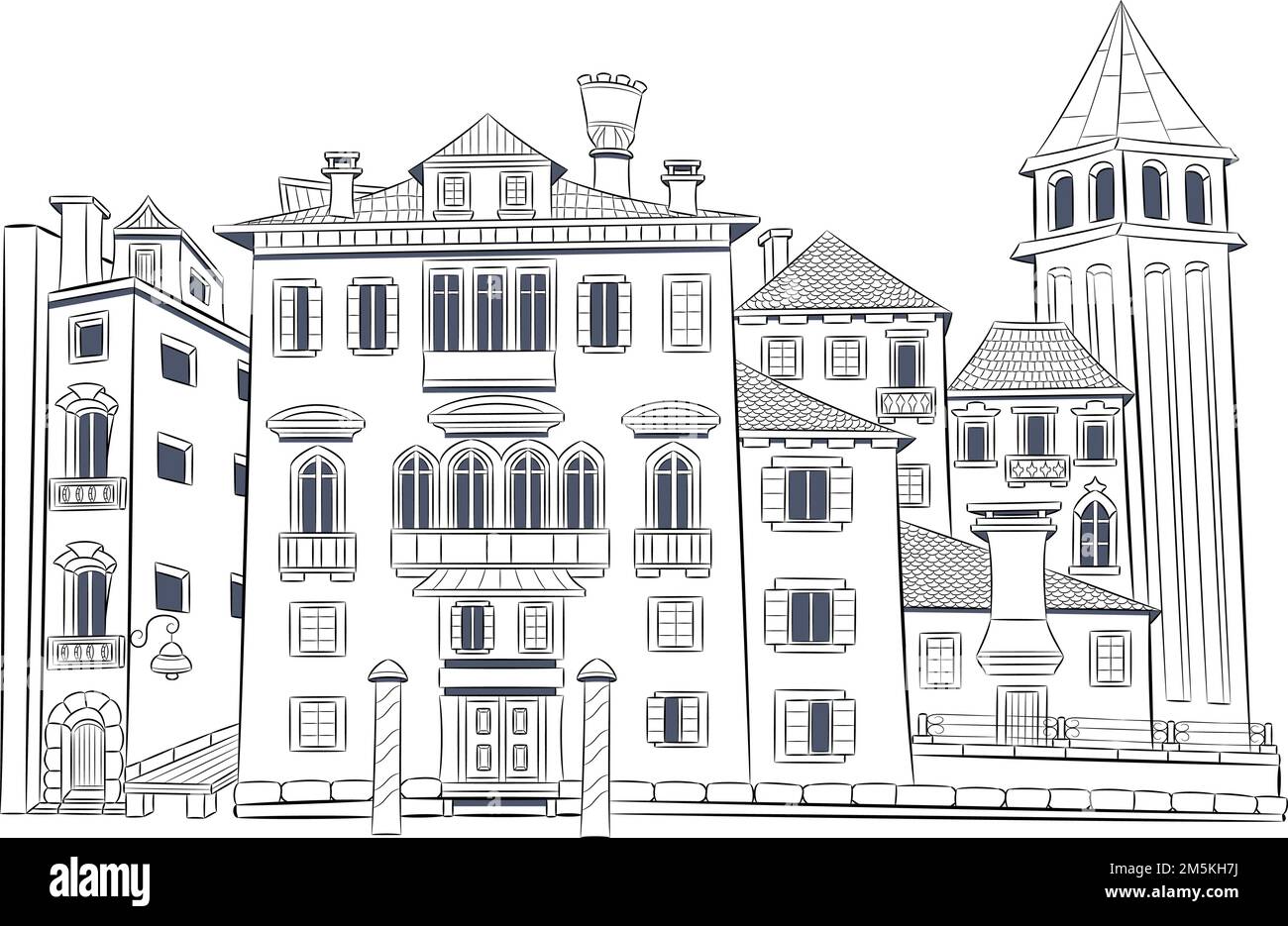 Drawing of old traditional houses and bell tower isolated on white ...