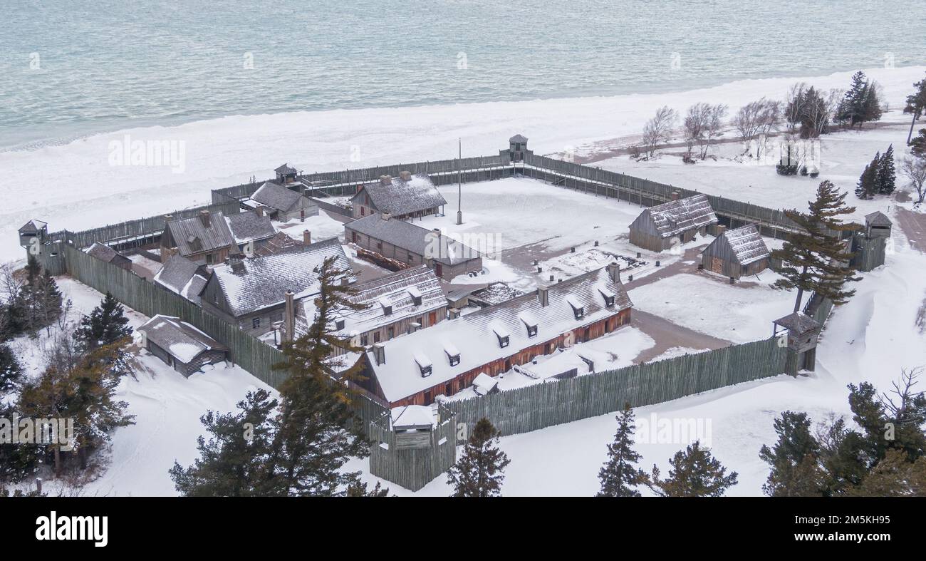 Aerial view of Fort Michilimackinac in Mackinaw City, Michigan, in ...
