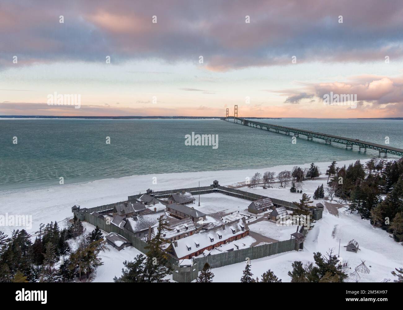 Aerial view of Fort Michilimackinac and Mackinac Bridge Stock Photo - Alamy