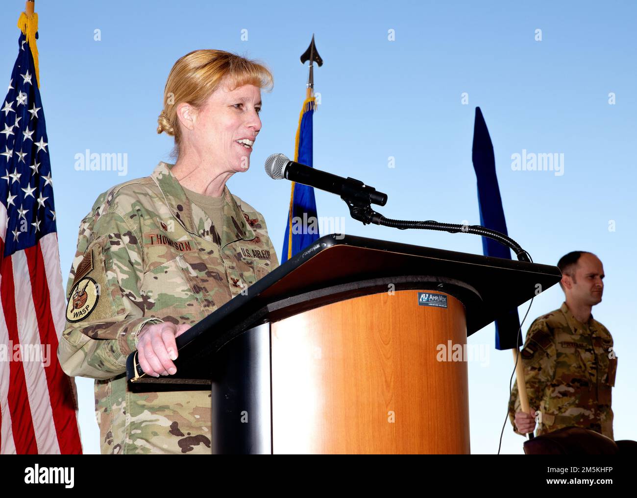 Col. Kristen Thompson, 55th Wing commander, provides opening remarks ...