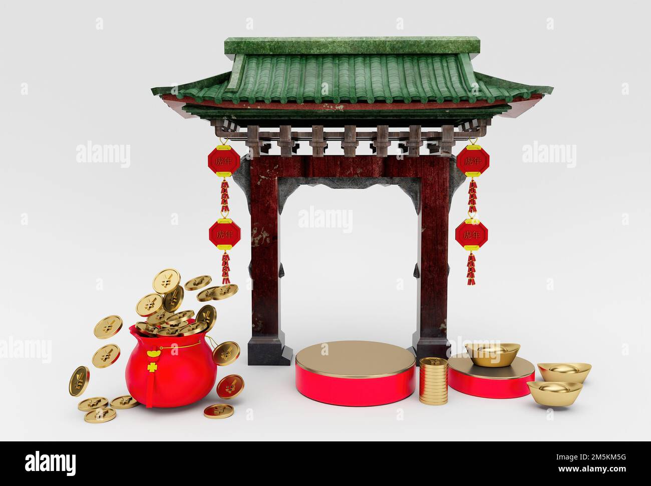 The entrance Chinese arch gate decor with hanging lanterns and podium ...