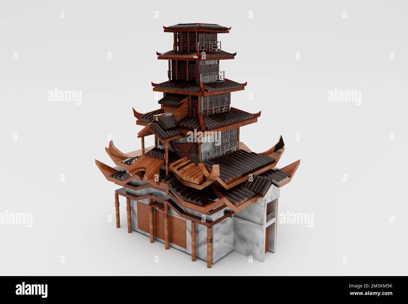 Ancient Asian architectural structure Chinese house 3d illustration Temple on white background ...