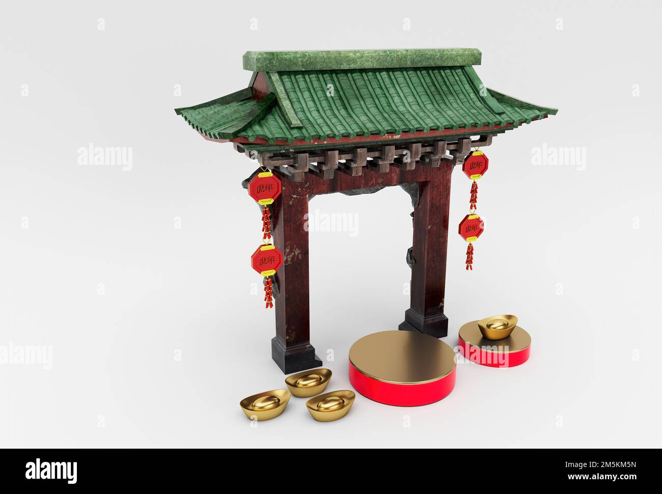 The entrance Chinese arch gate decor with hanging lanterns and podium ...