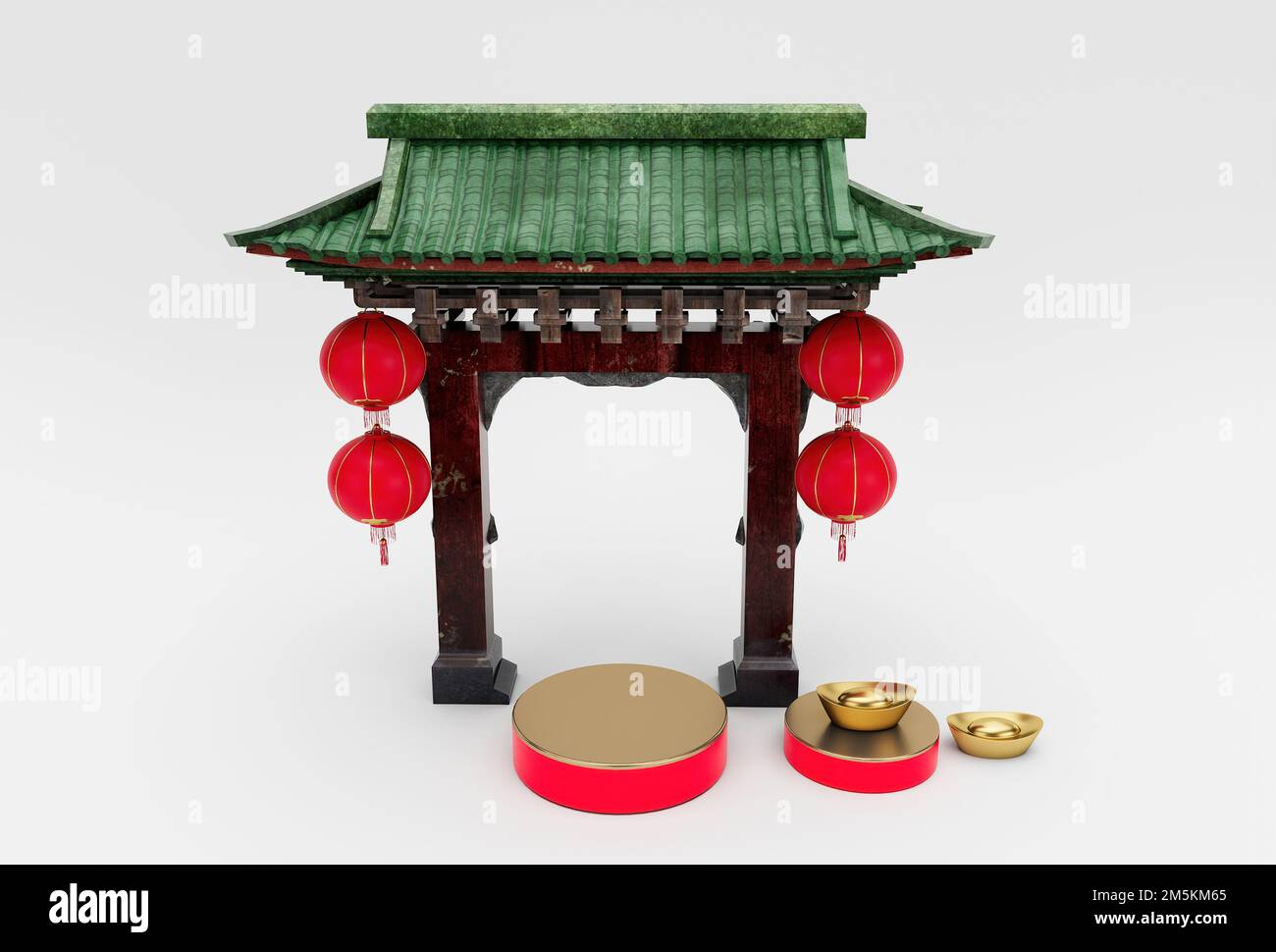 The entrance Chinese arch gate decor with hanging lanterns and podium ...