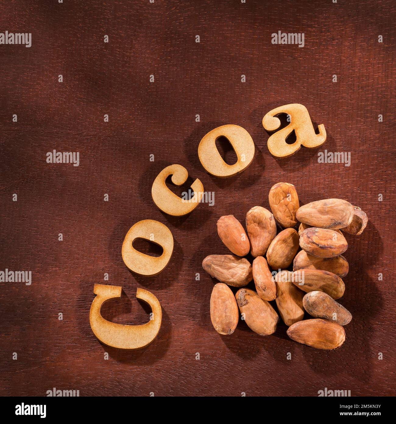 Theobroma cacao - Organic cocoa beans. Cocoa word in wooden letters ...