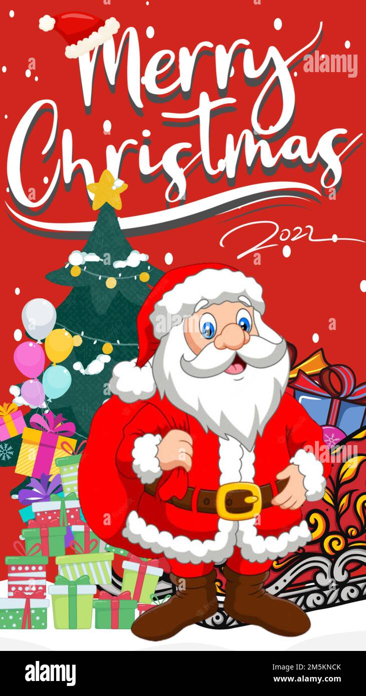 A vertical illustration of a Santa Clause with presents and Christmas ...
