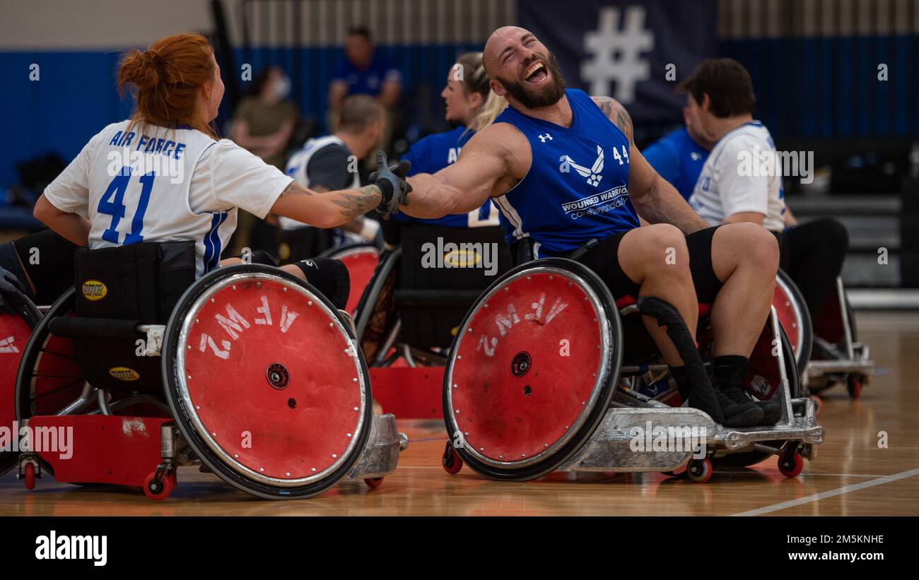 U.S. Air Force Wounded Warrior athletes congratulate each other after a ...