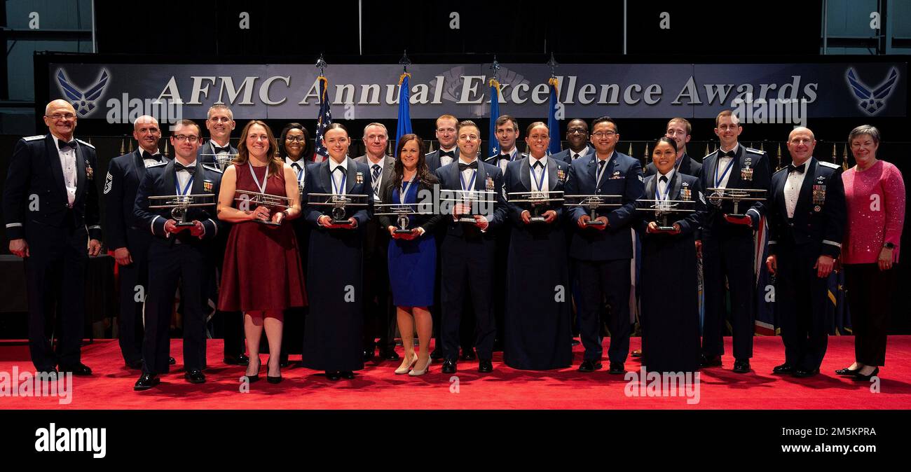 Winners of the Air Force Materiel Command Annual Excellence Awards pose ...