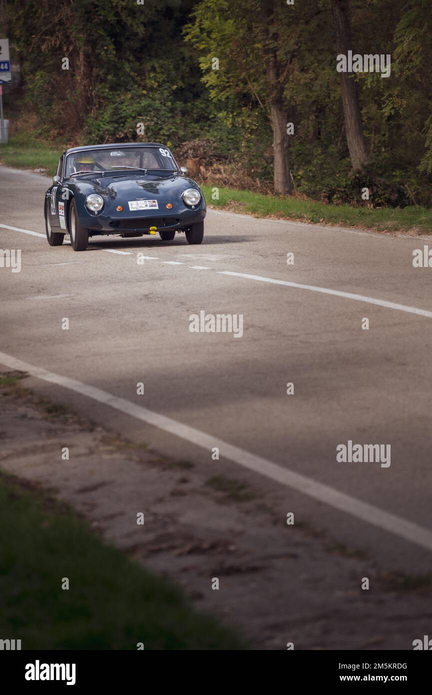 A blue car set up during an uphill speed race of the Italian ...
