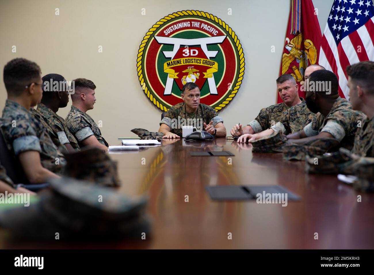 U.S. Marines and Sailors with 3rd Marine Logistics Group attend a brief ...