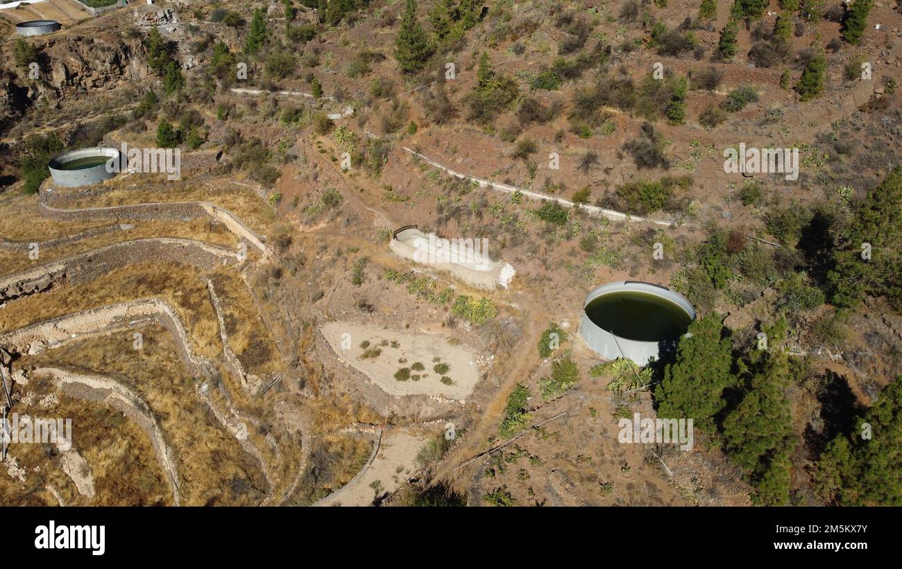 An aerial shot of terrace farms on mountainside, Tenerife, Canary ...