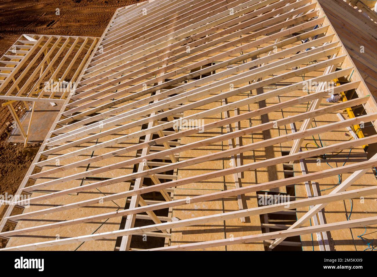 Building wooden roof beam from frame made out of trusses frameworks for ...