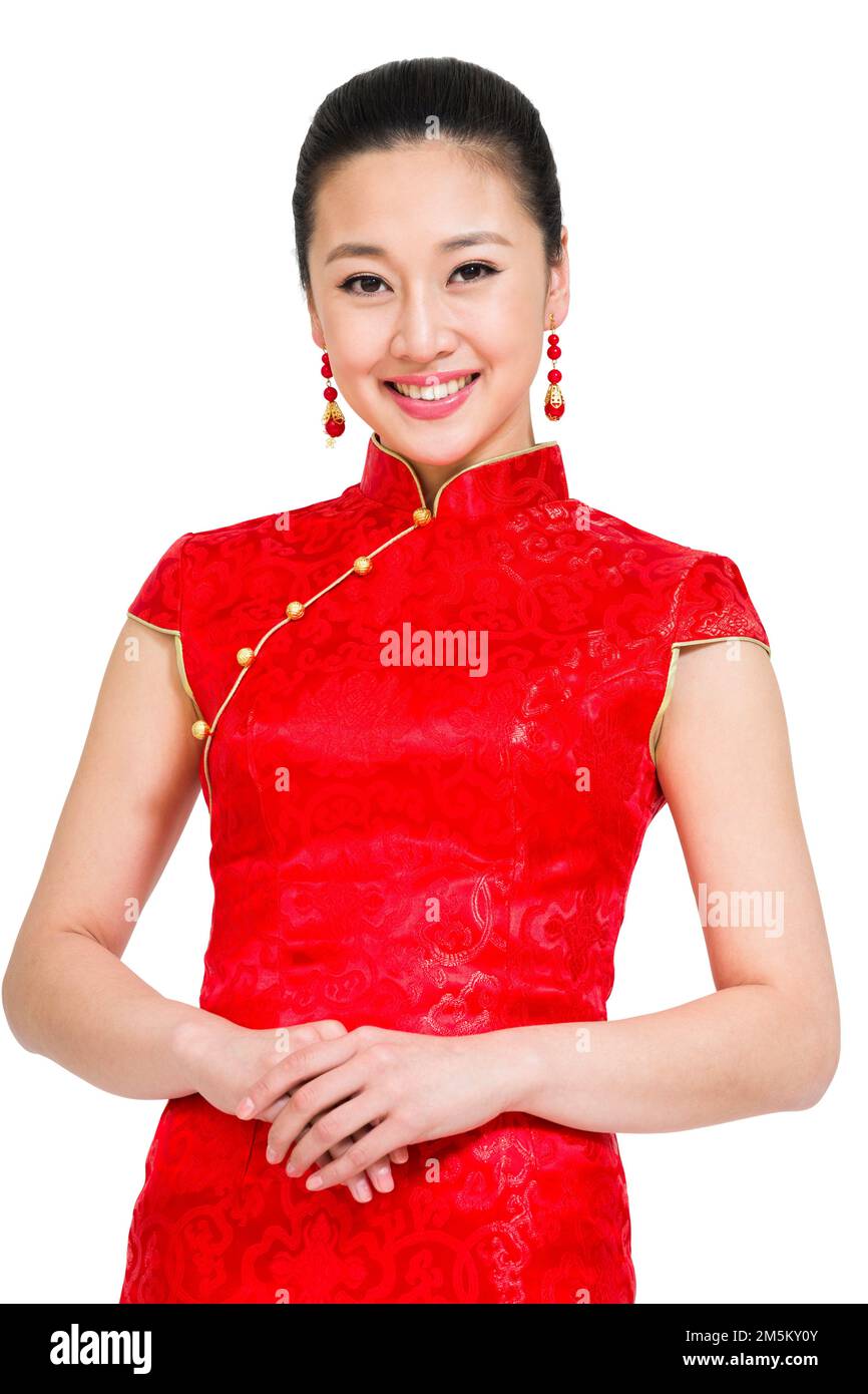 Take the young woman in red cheongsam Stock Photo - Alamy