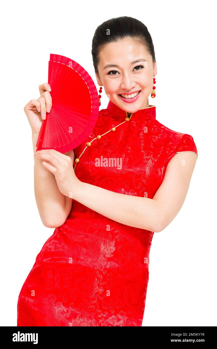 Casing wear red cheongsam young woman with the fan Stock Photo - Alamy