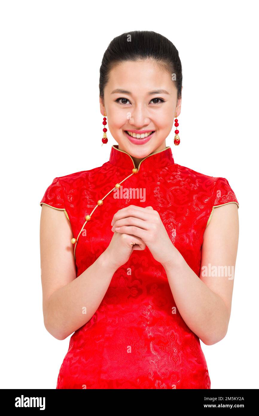 Take the young woman in red cheongsam Stock Photo - Alamy