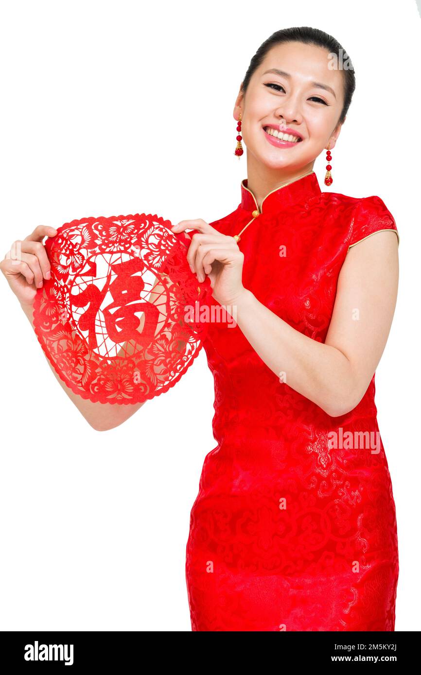 Tent with everyone wear red cheongsam's young woman paper-cut Stock ...