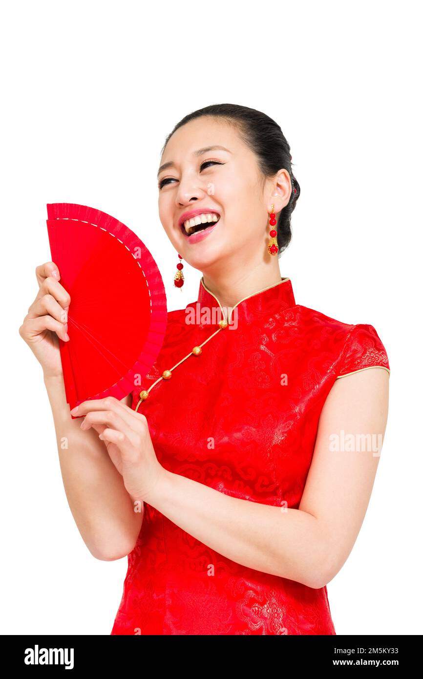 Casing wear red cheongsam young woman with the fan Stock Photo - Alamy