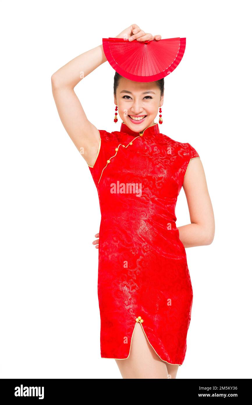 Casing wear red cheongsam young woman with the fan Stock Photo - Alamy