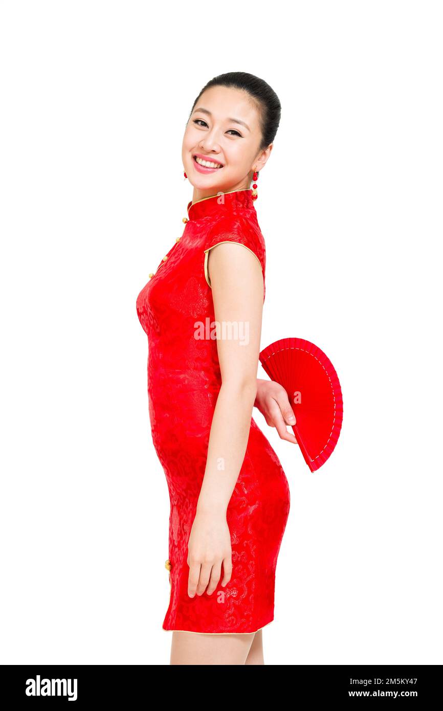 Casing wear red cheongsam young woman with the fan Stock Photo - Alamy