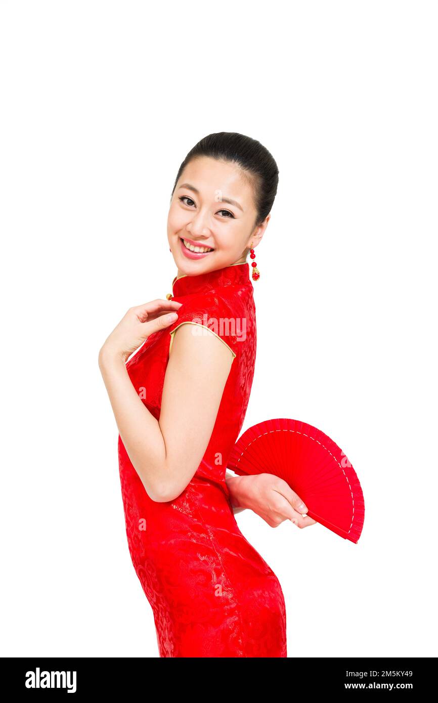 Casing wear red cheongsam young woman with the fan Stock Photo - Alamy