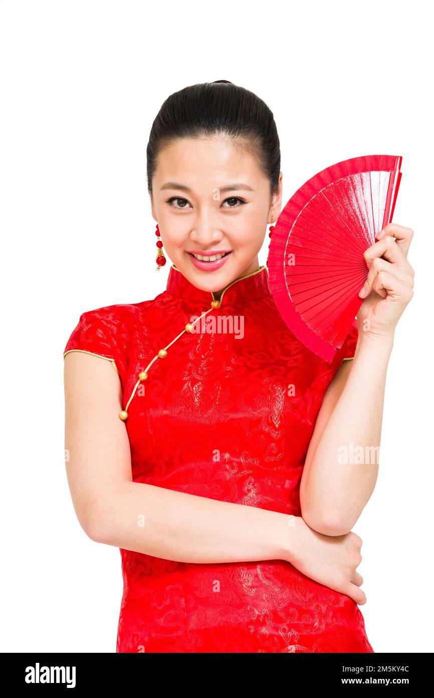 Casing wear red cheongsam young woman with the fan Stock Photo - Alamy