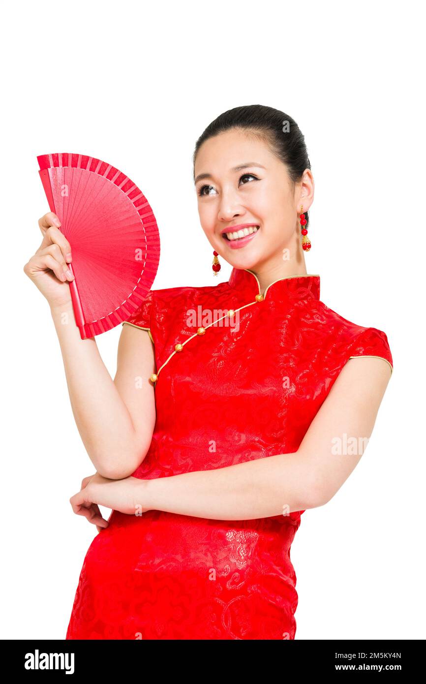 Casing wear red cheongsam young woman with the fan Stock Photo - Alamy