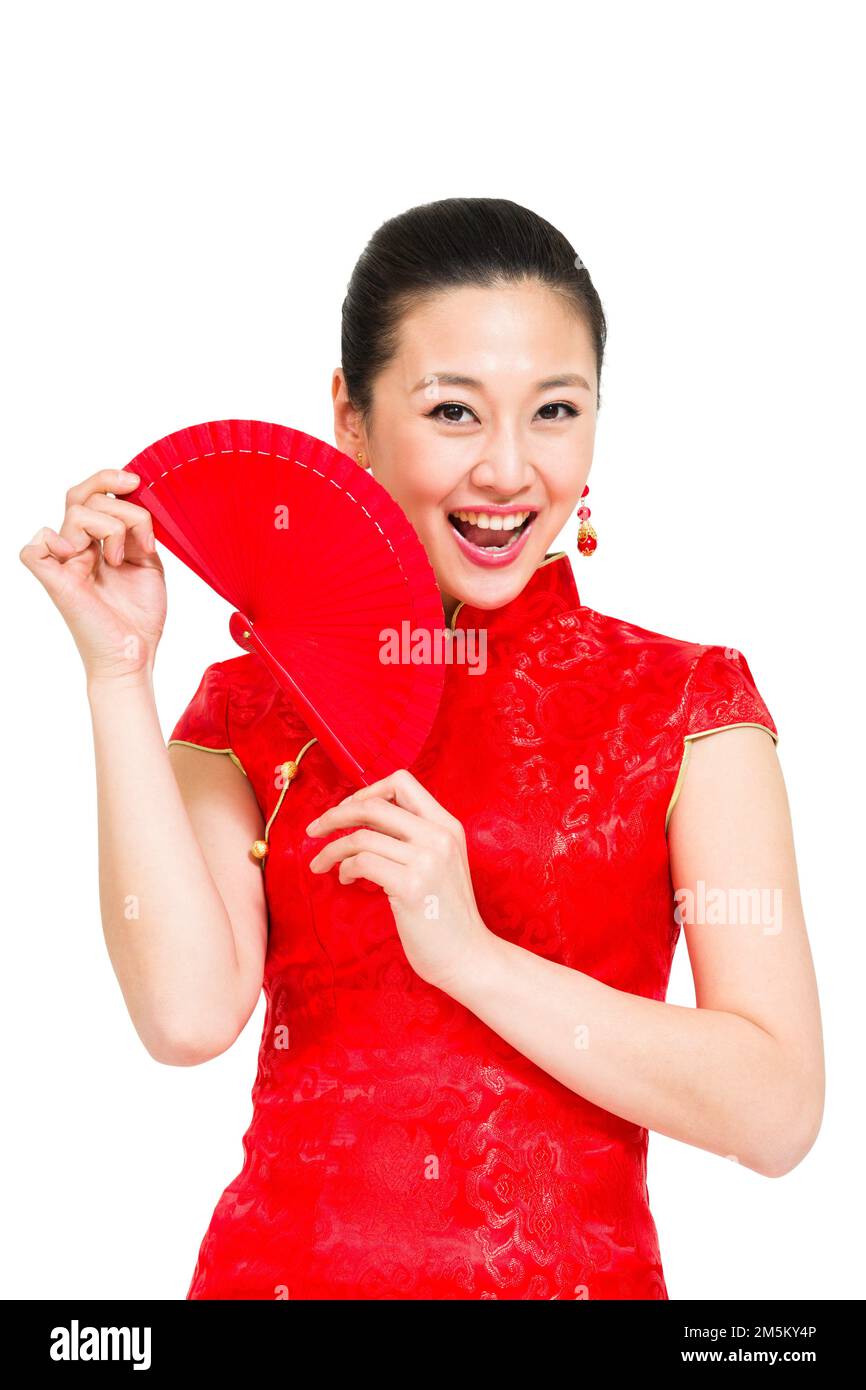 Casing wear red cheongsam young woman with the fan Stock Photo - Alamy