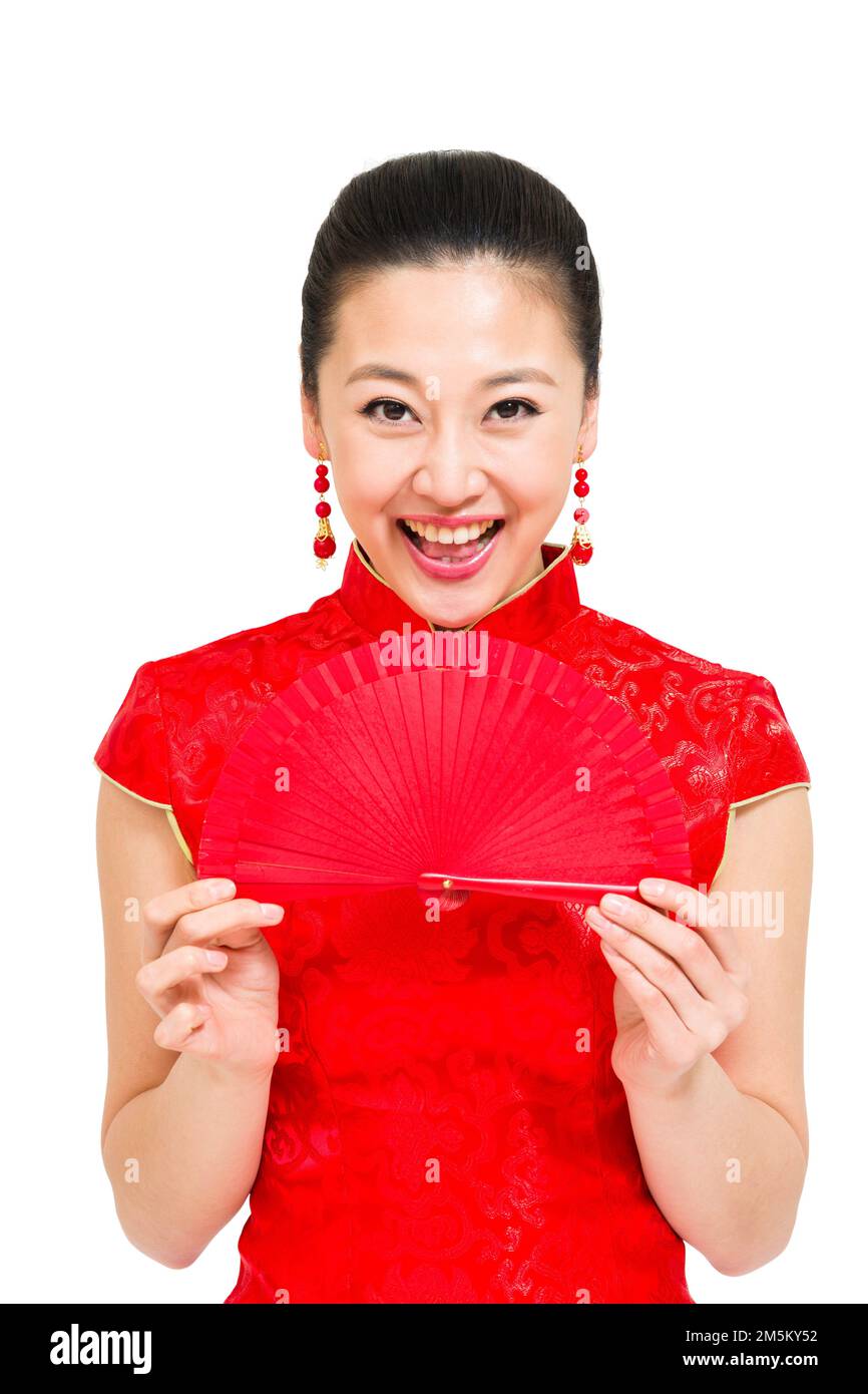 Casing wear red cheongsam young woman with the fan Stock Photo - Alamy