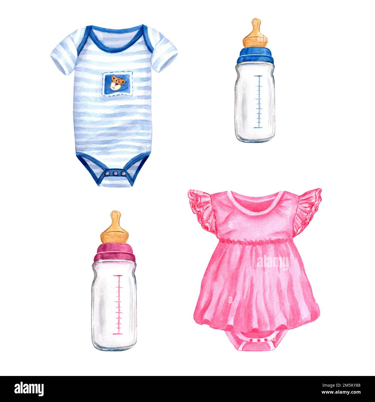 Newborn boy girl set with pink blue bodysuit and bottle. Hand drawn ...