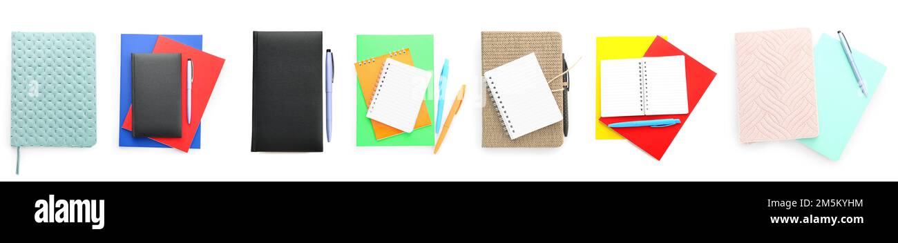 Collage of stylish notebooks with stationery on white background Stock ...