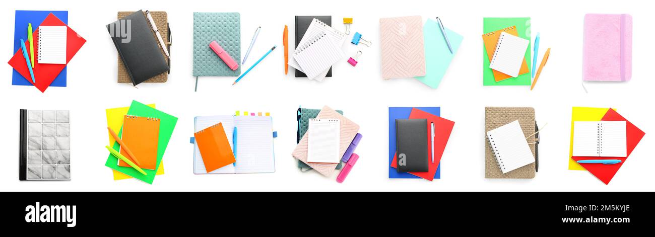 Collage of stylish notebooks with stationery on white background, top ...