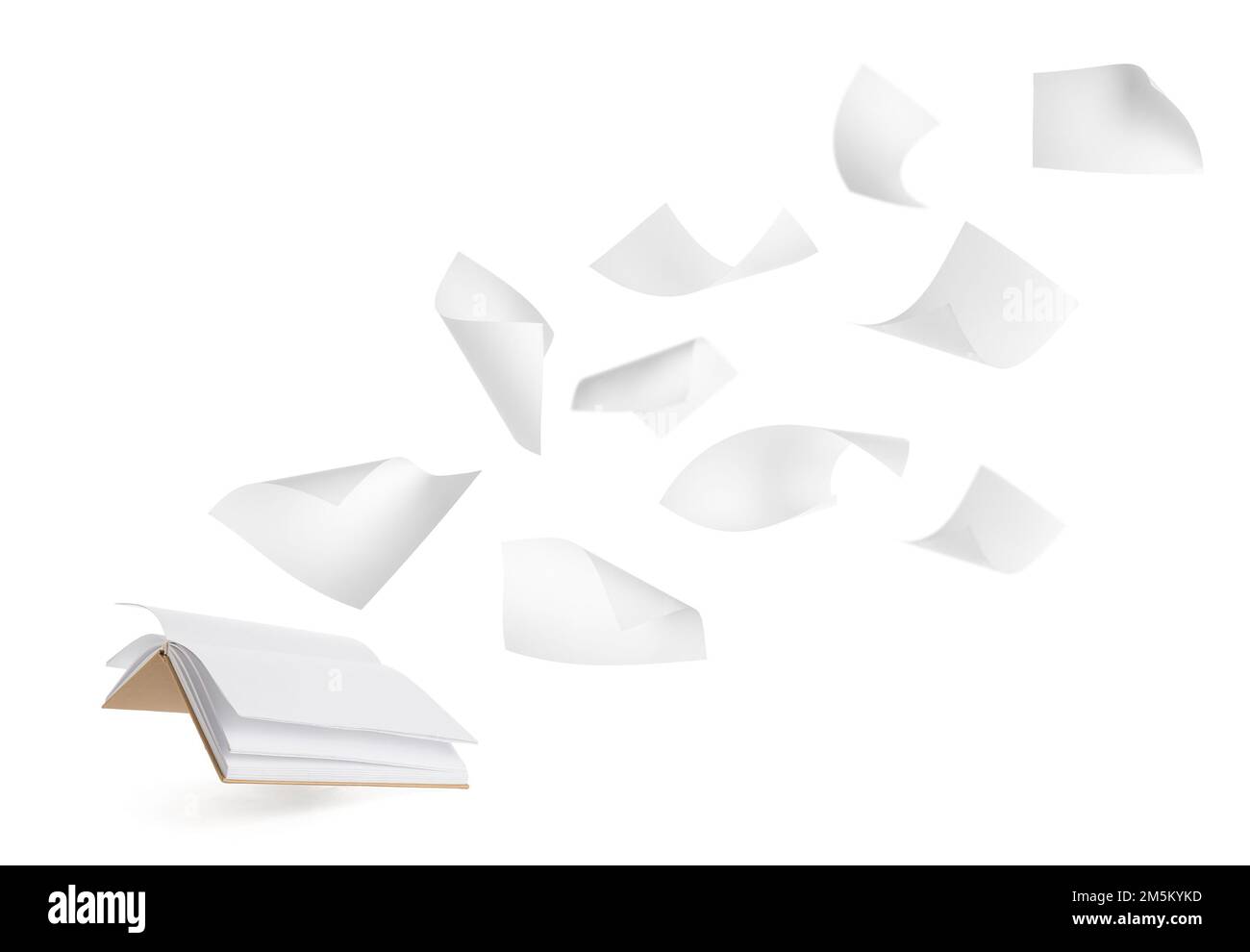 Open book and many flying pages on white background Stock Photo - Alamy