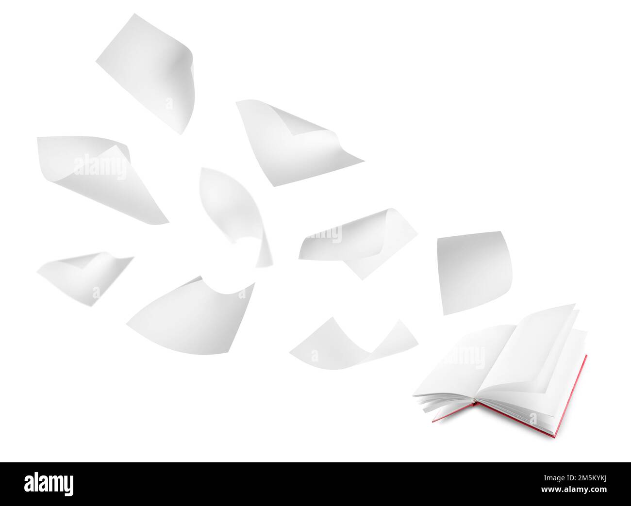 Open book and many flying pages on white background Stock Photo - Alamy