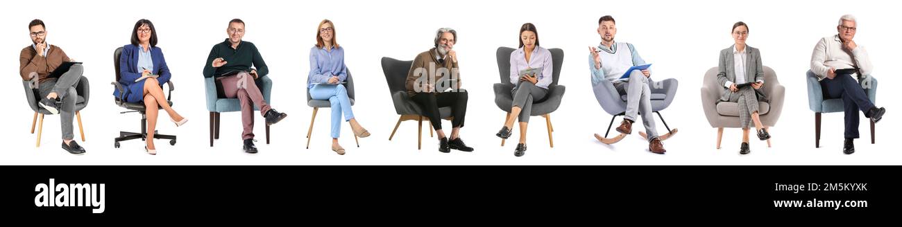Set of different psychologists sitting in armchairs against white ...