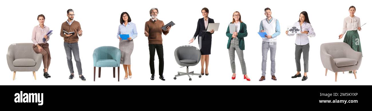 Set of different psychologists on white background Stock Photo - Alamy