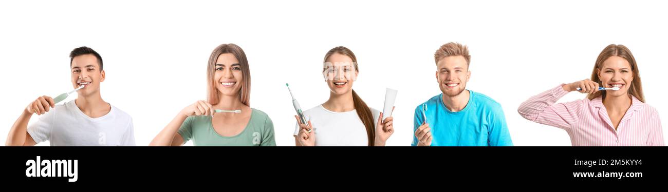 Set of people with toothbrushes on white background Stock Photo - Alamy