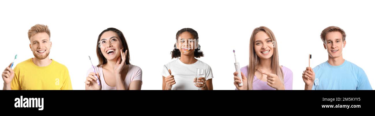 Set of people with toothbrushes on white background Stock Photo - Alamy