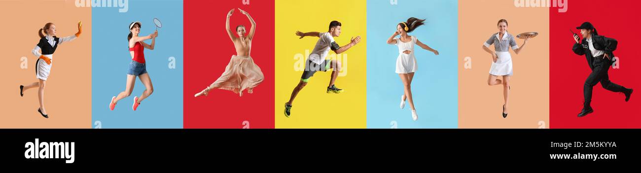 Collection of jumping young people on color background Stock Photo - Alamy