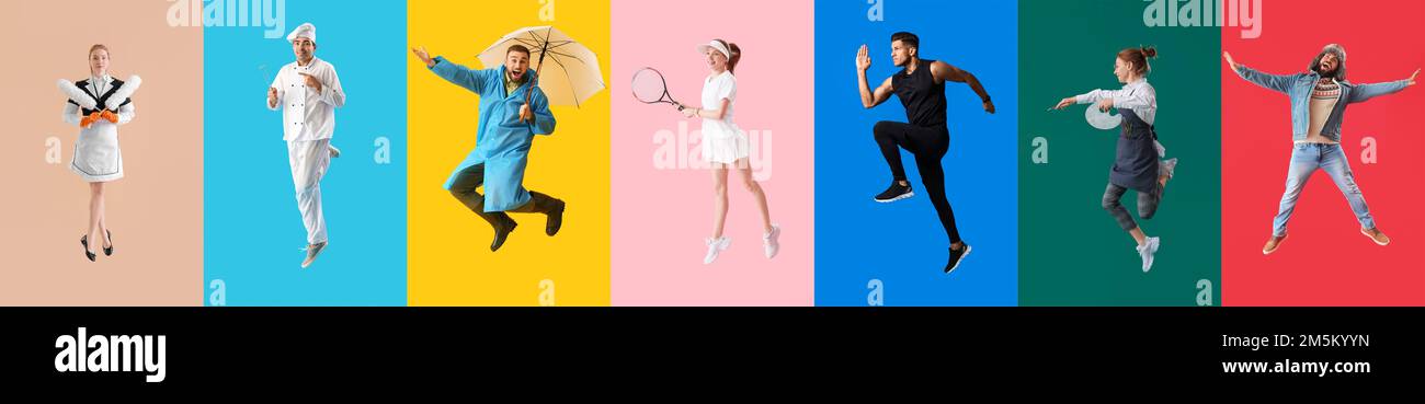 Collage of jumping people on color background Stock Photo - Alamy