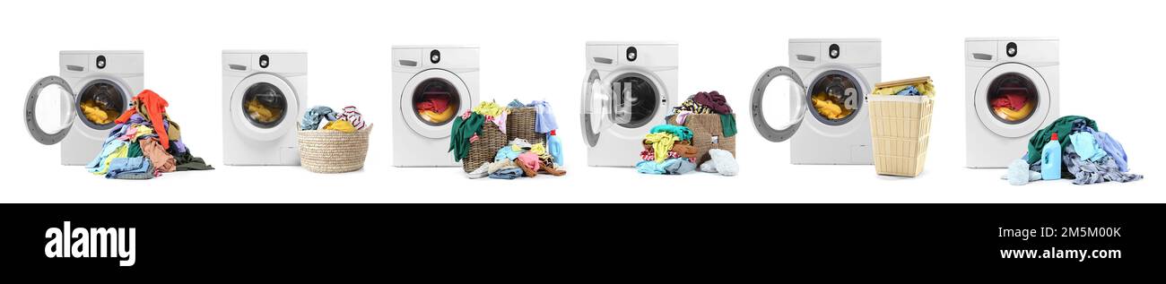 Collage of modern washing machines with dirty clothes on white ...