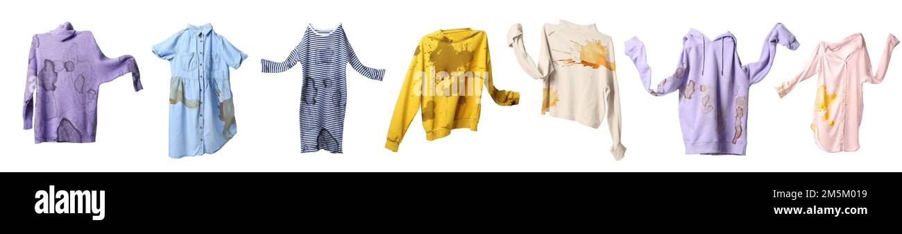 Collage of flying dirty clothes on white background Stock Photo - Alamy