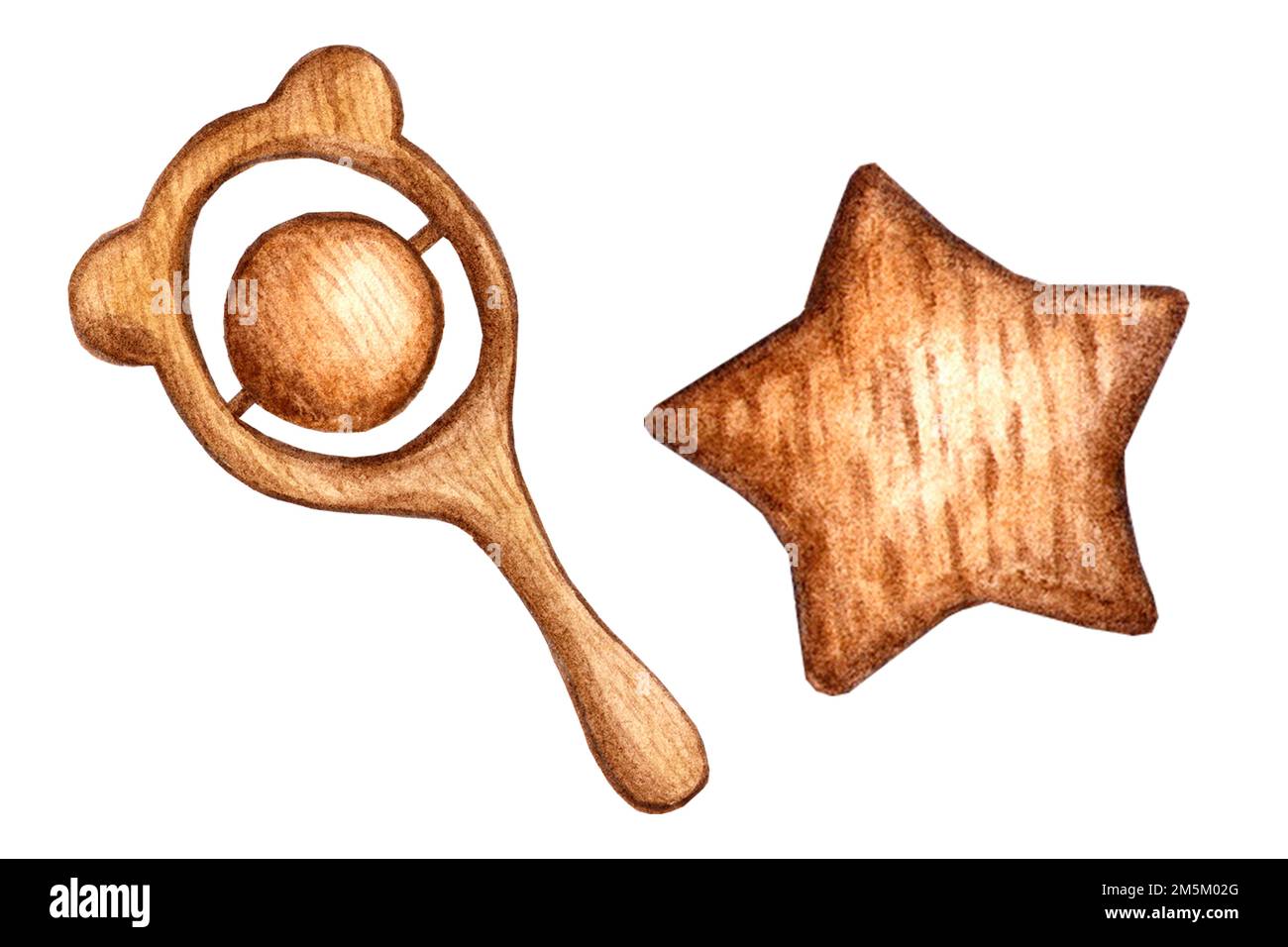 Set with wooden rattle baby teether and star. Hand drawn watercolor ...