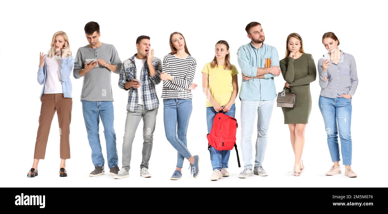 Many people waiting in line on white background Stock Photo - Alamy