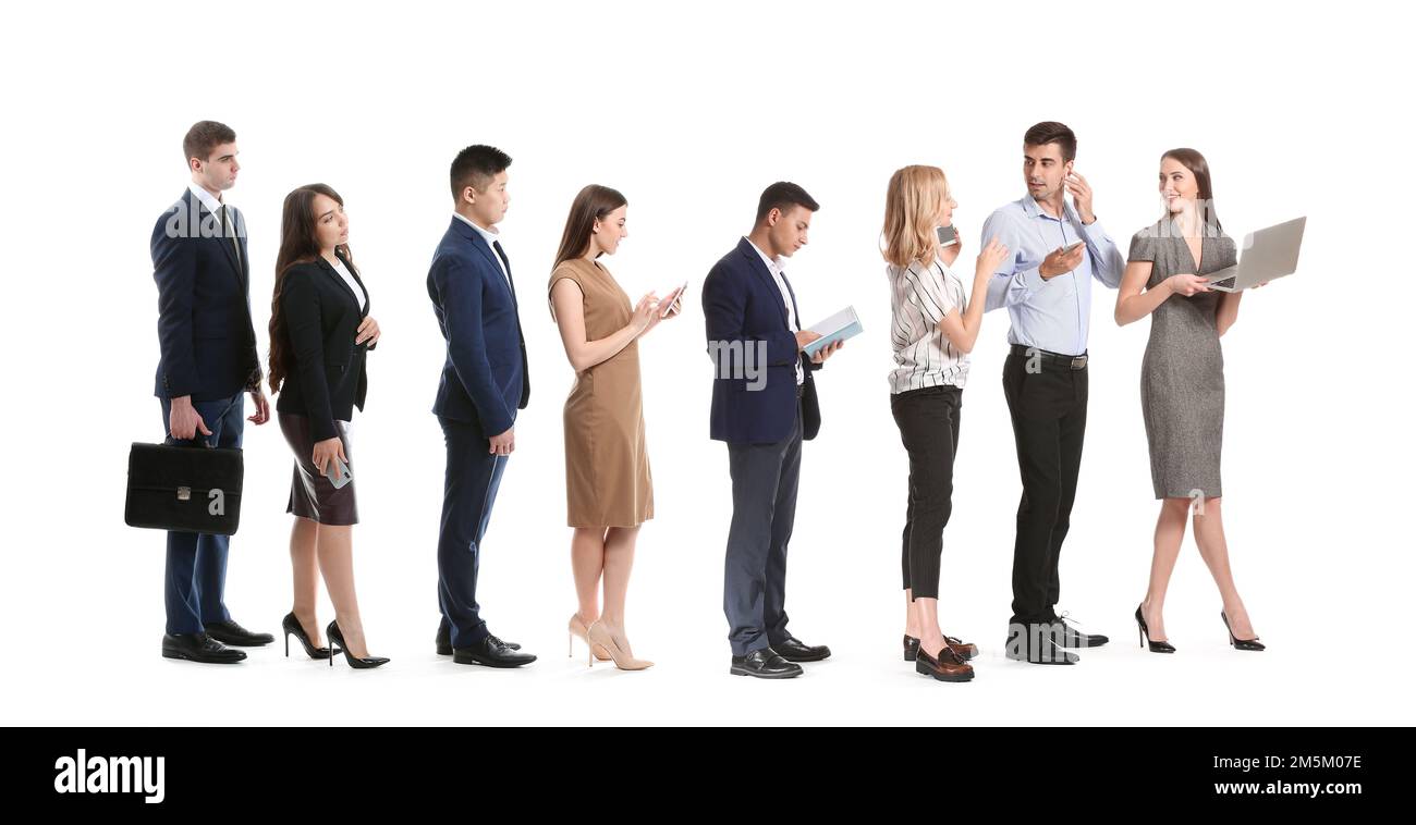Many business people waiting in line on white background Stock Photo ...