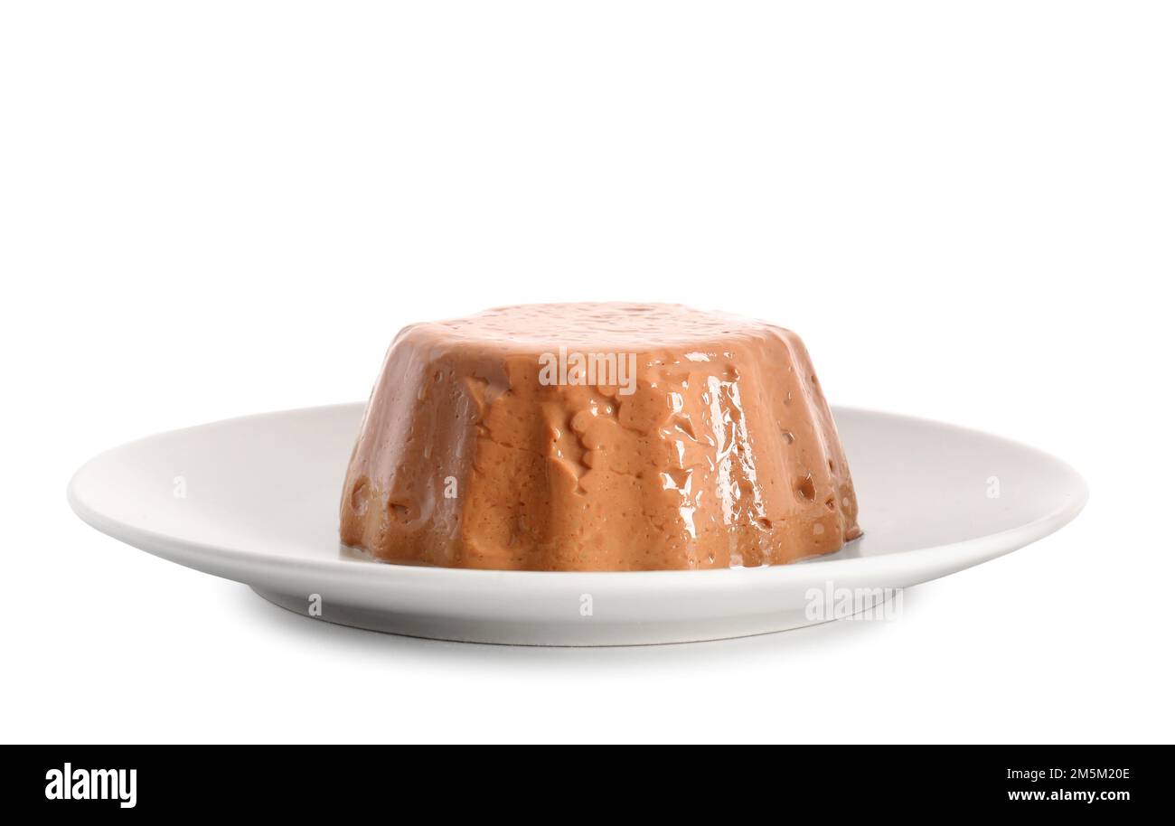 Delicious chocolate pudding on plate isolated on white background Stock ...